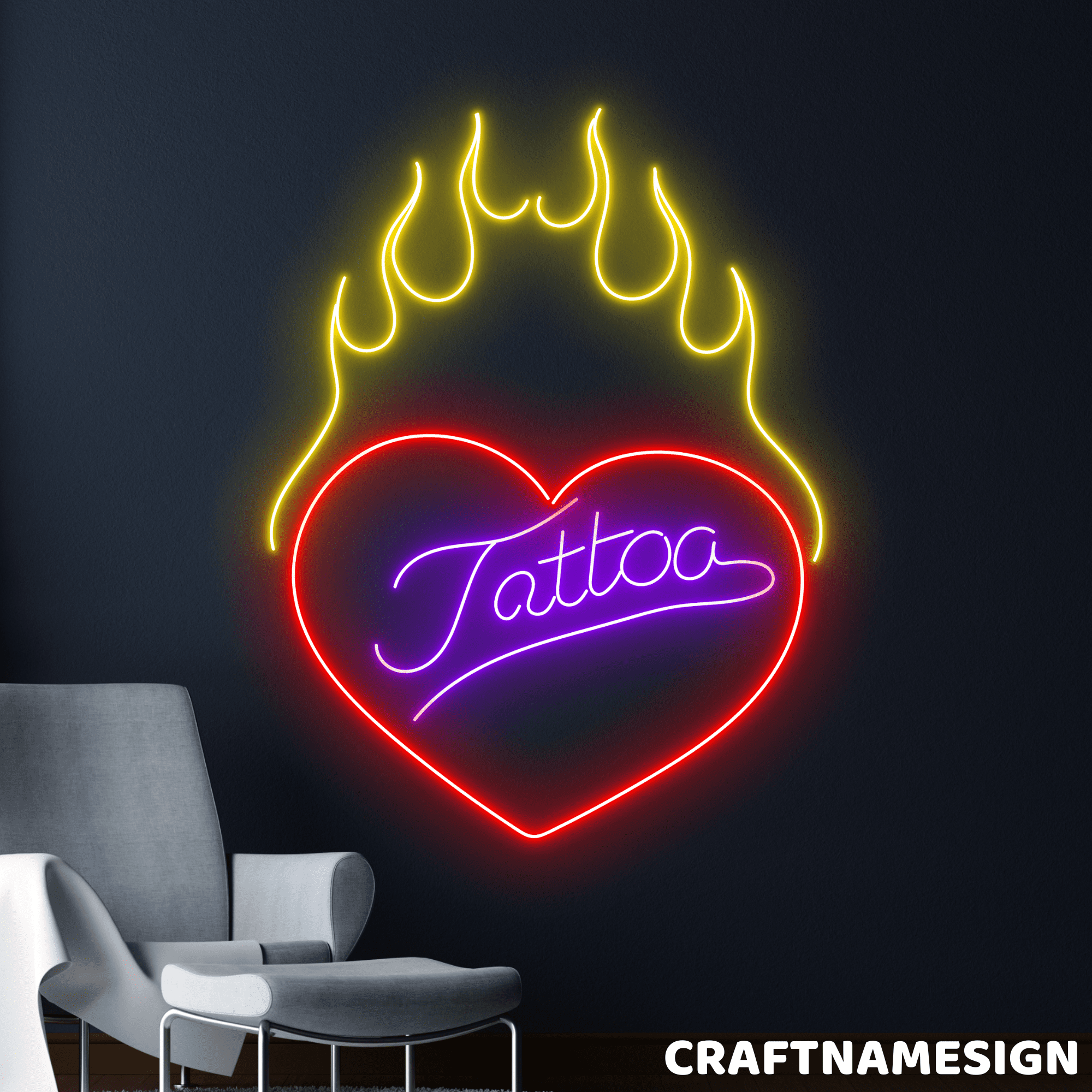 Craftnamesign Tattoo Heart Fire Neon Sign, Tattoo Store Wall Art ...