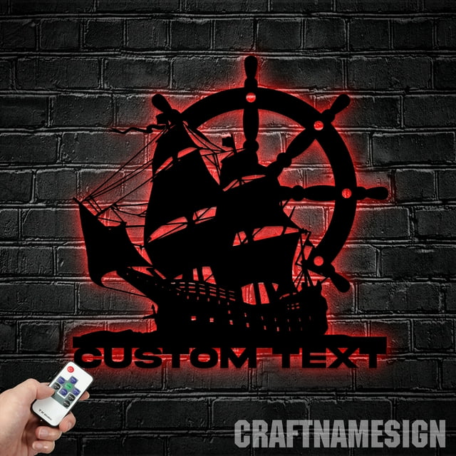 Craftnamesign Custom Pirate Ship with Wheel Metal Wall Art LED Light ...