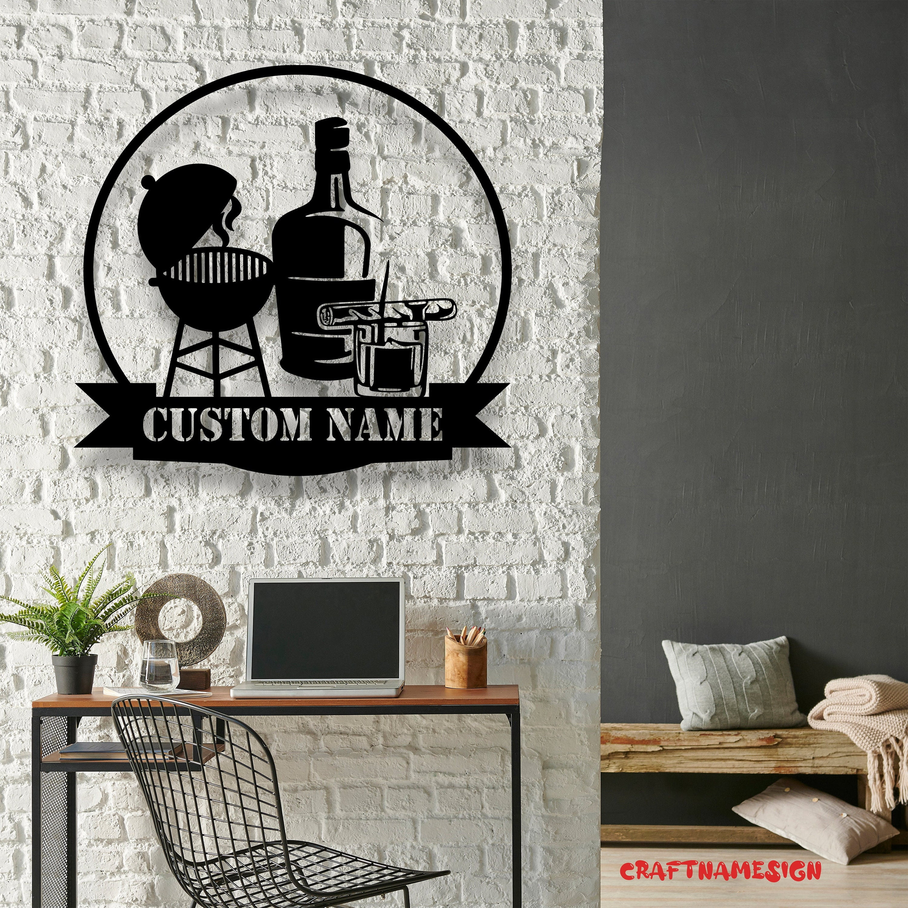 Craftnamesign Custom Grill Bourbon Cigar Metal Wall Art LED Light, BBQ ...