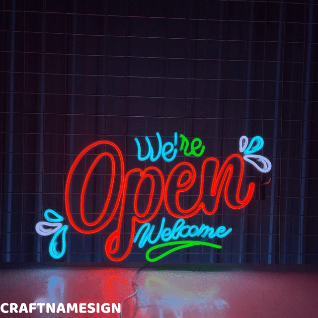 Craftnamesign We're Open Welcome Neon Sign, Store Wall Decor, Welcome ...