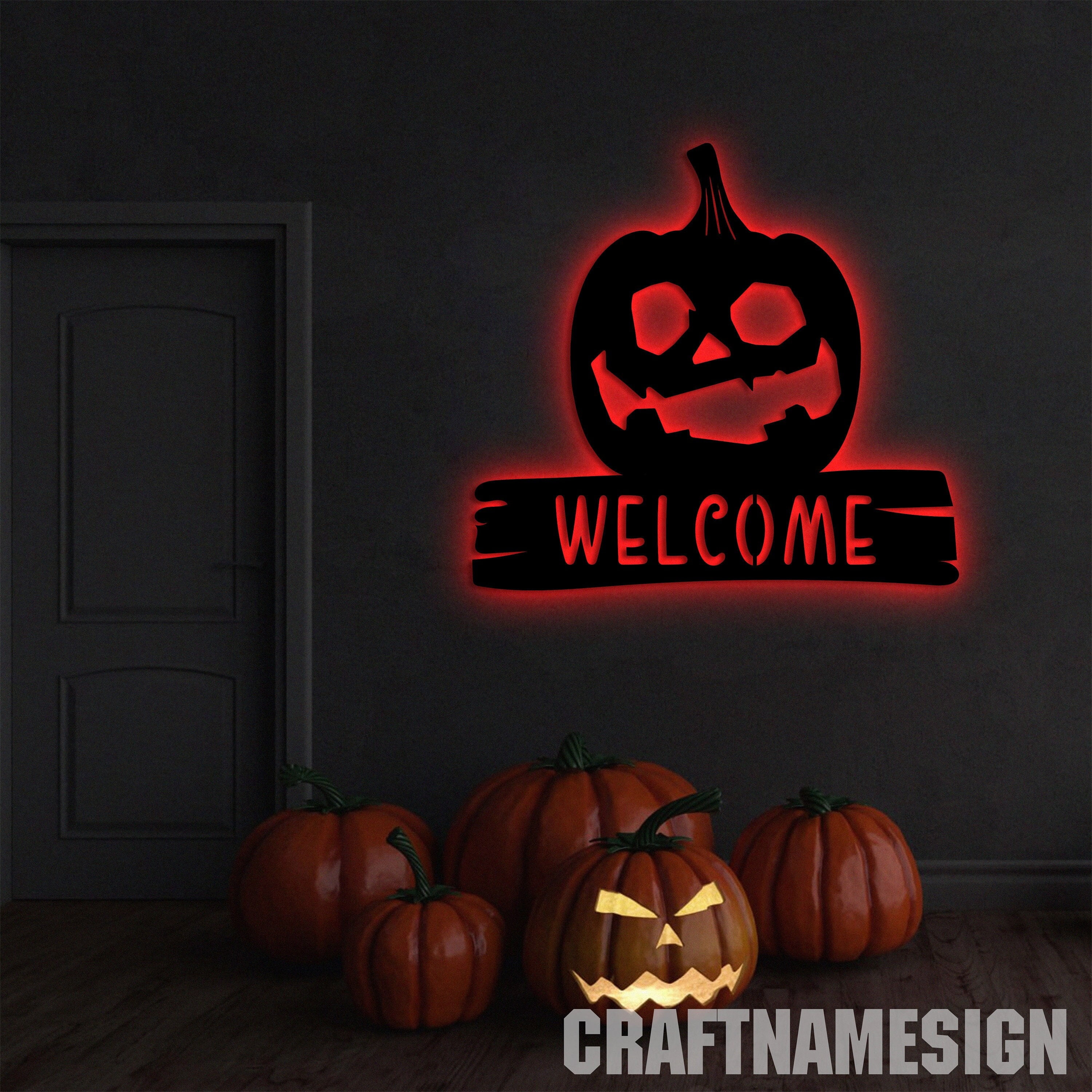 Craftnamesign Welcome Pumpkin Metal Wall Art with LED Light, Happy ...