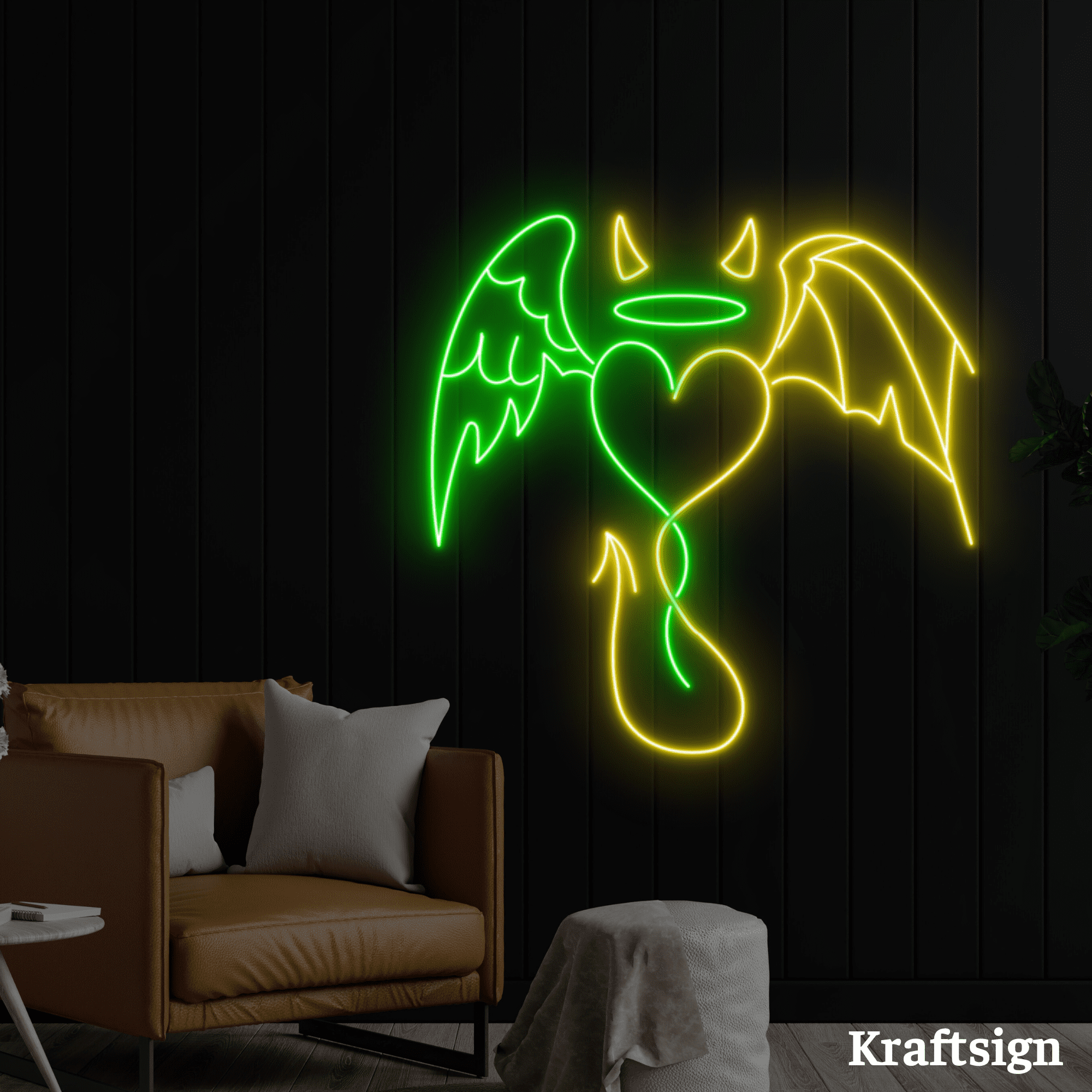 Craftnamesign Wings Evil And Angel Neon Sign, Heart LED Sign,Bedroom ...