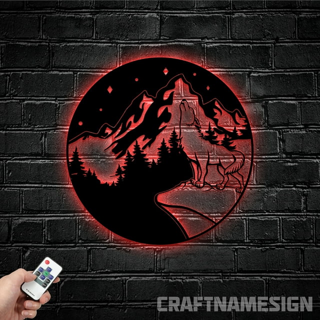 Craftnamesign Wolf In Forest Metal Wall Art LED Light, Wolf Moon Sign ...