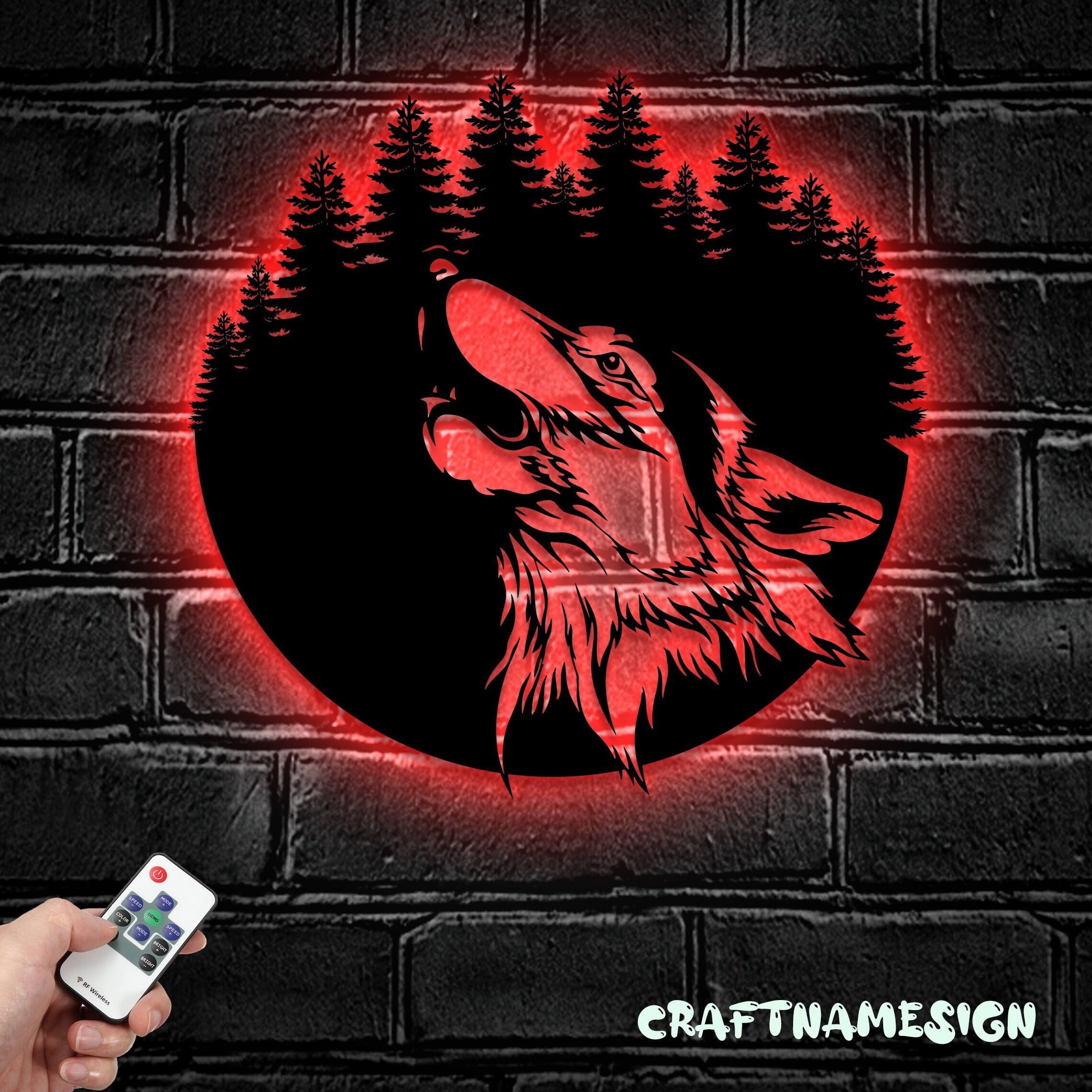 Craftnamesign Wolf In Forest Metal Wall Art LED Light, Wolf Moon Sign ...