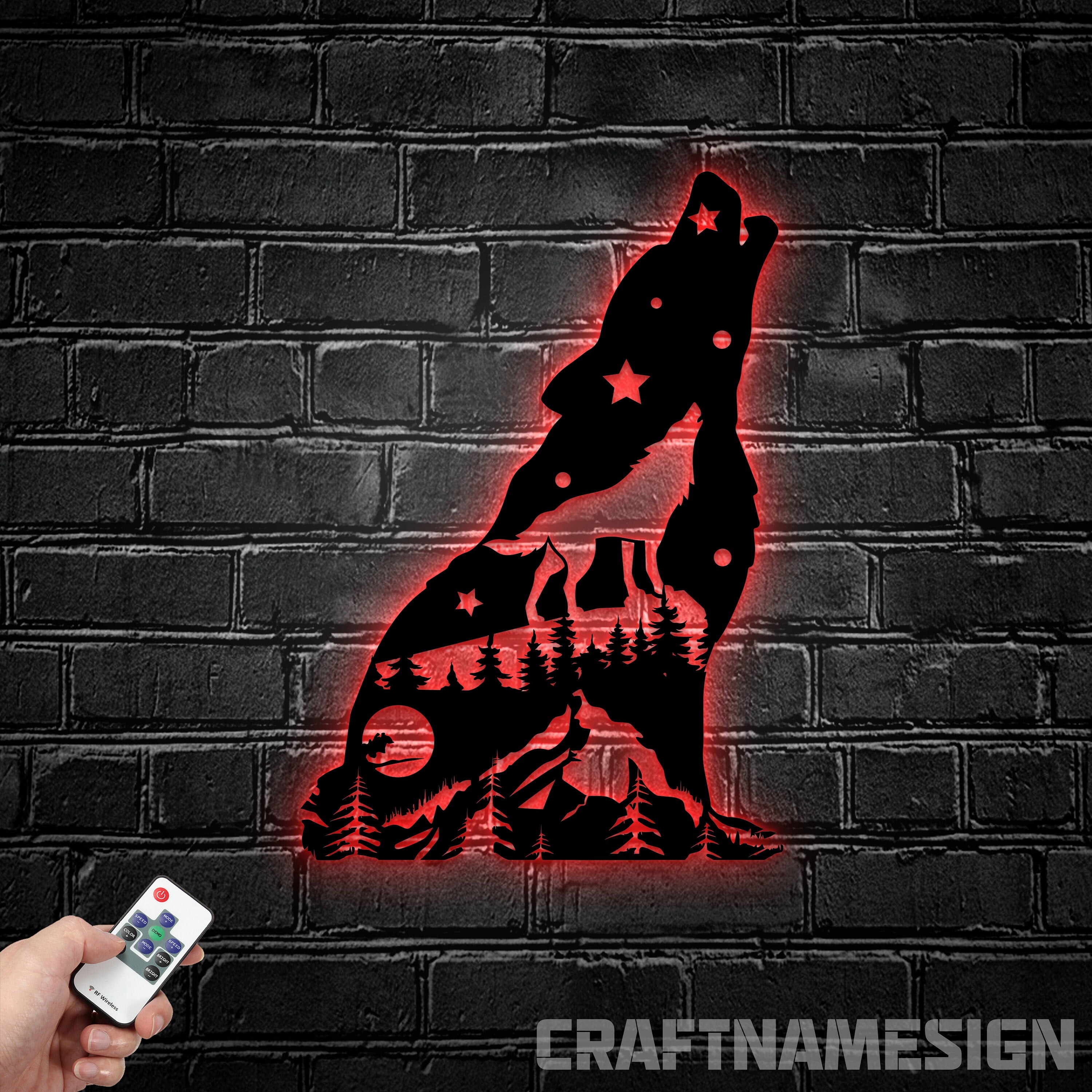 Craftnamesign Wolf On The Srescent Moon Sunflower Metal Wall Art LED ...
