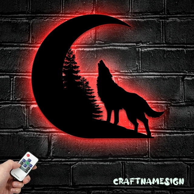 Craftnamesign Wolf On the Srescent Moon Metal Wall Art LED Light, Wolf ...