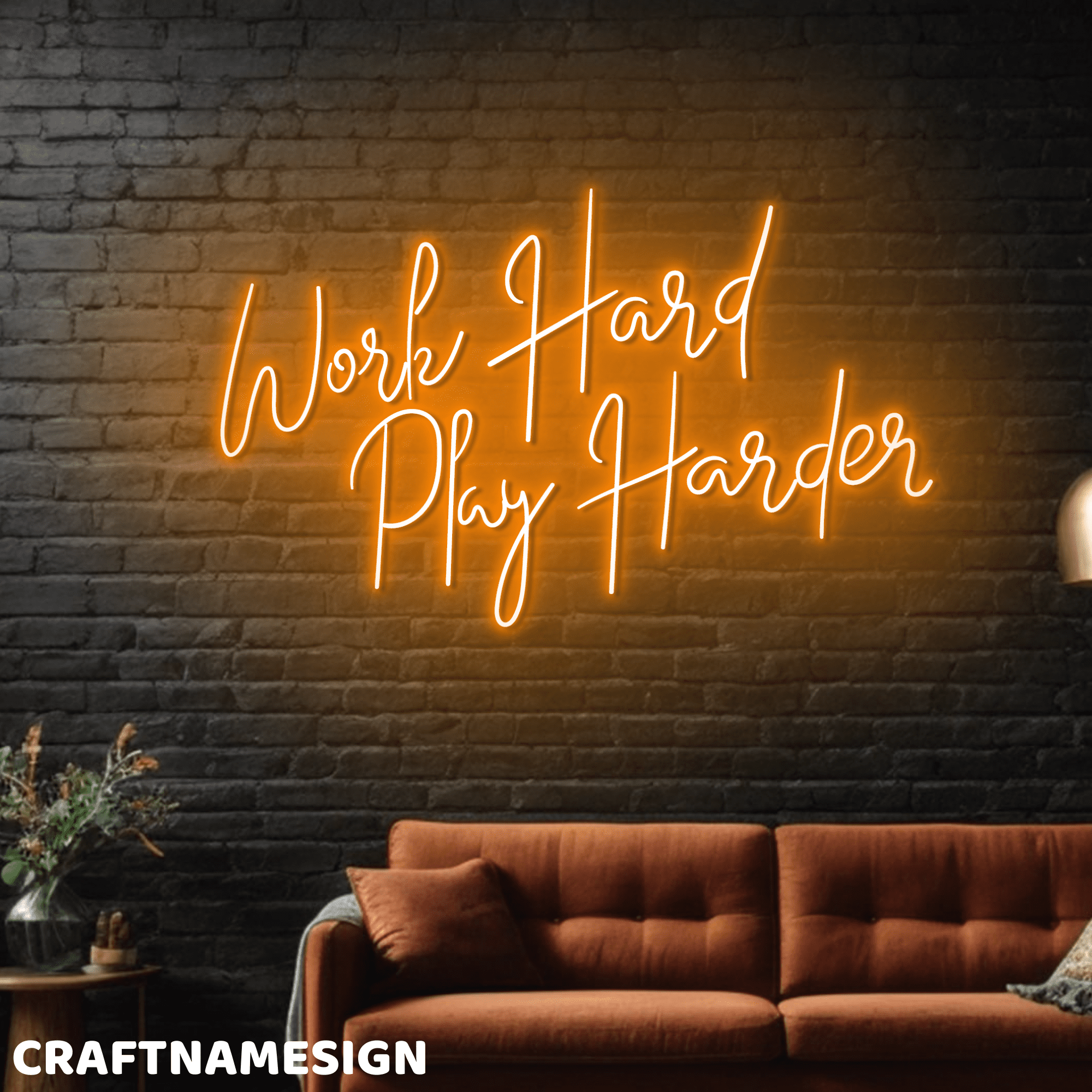 Craftnamesign Work Hard Play Harder Neon Sign, Play Room Wall Art, Bar ...