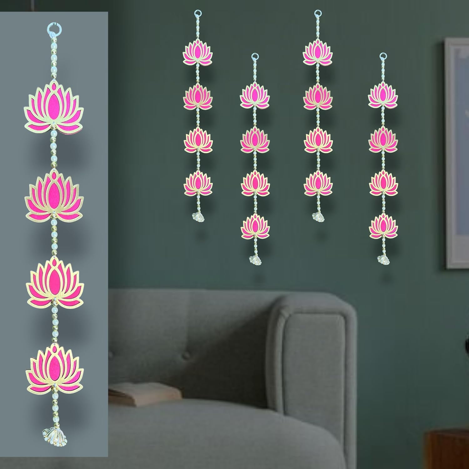 Craftox Decor Handmade Pink Hanging Pack Of 4 With Pink MDF Lotus ...