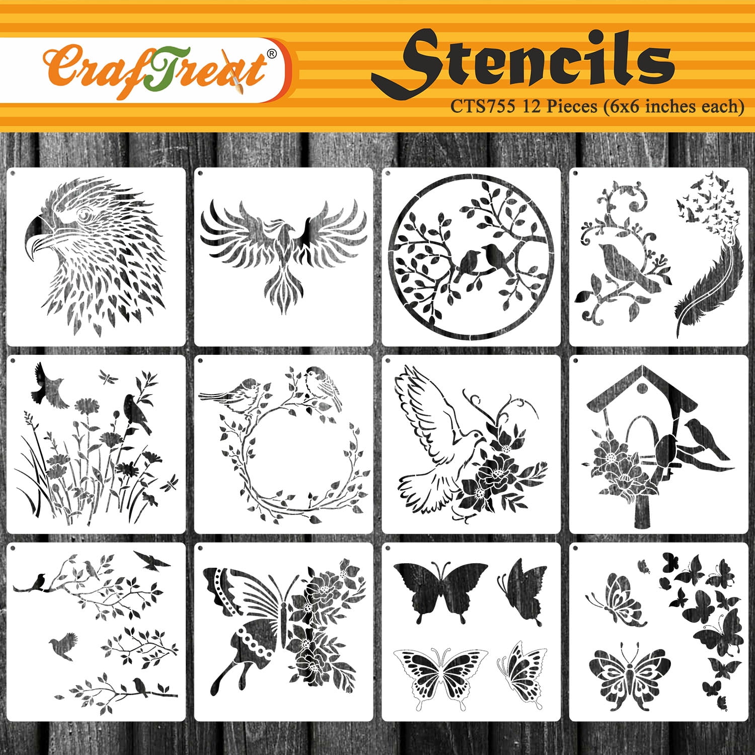 Craftreat 12 Pieces Birds And Butterfly Stencils For Painting (6x6 ...