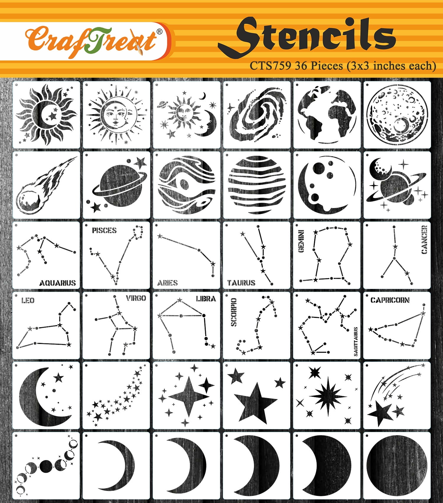 Craftreat 36 pieces zodiac sign stencils for painting (3x3) , sun moon ...