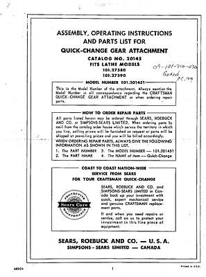 Craftsman 101.201451 /Atlas 12" Lathe Quick Change Gearbox Attachment ...