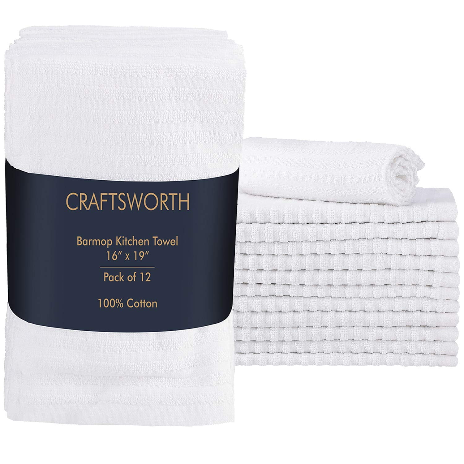 Craftsworth 100% Kitchen Bar Mop Towels, 16x19 - Pack of 12, Ribbed ...