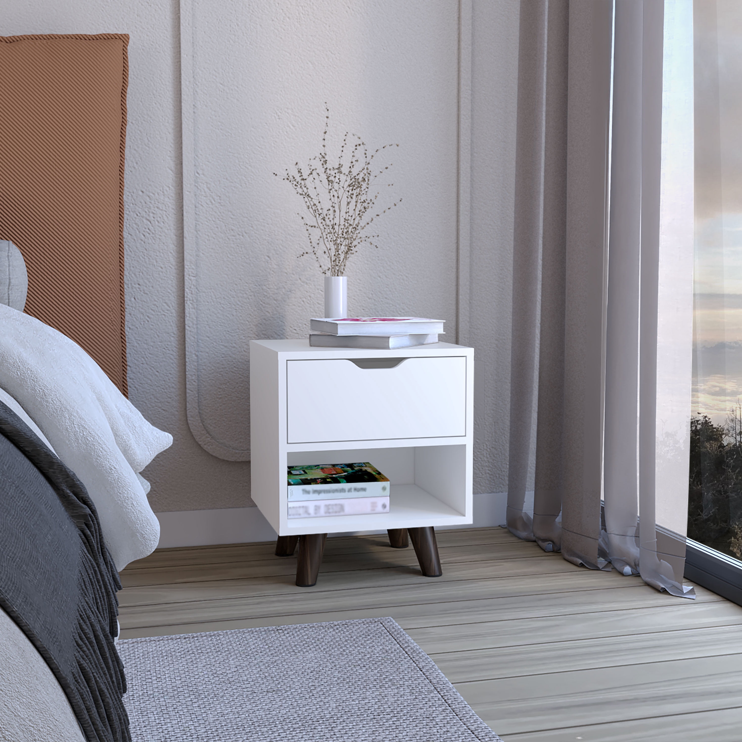 Crail White Nightstand with Drawer & Shelf | Modern Bedside Table with ...