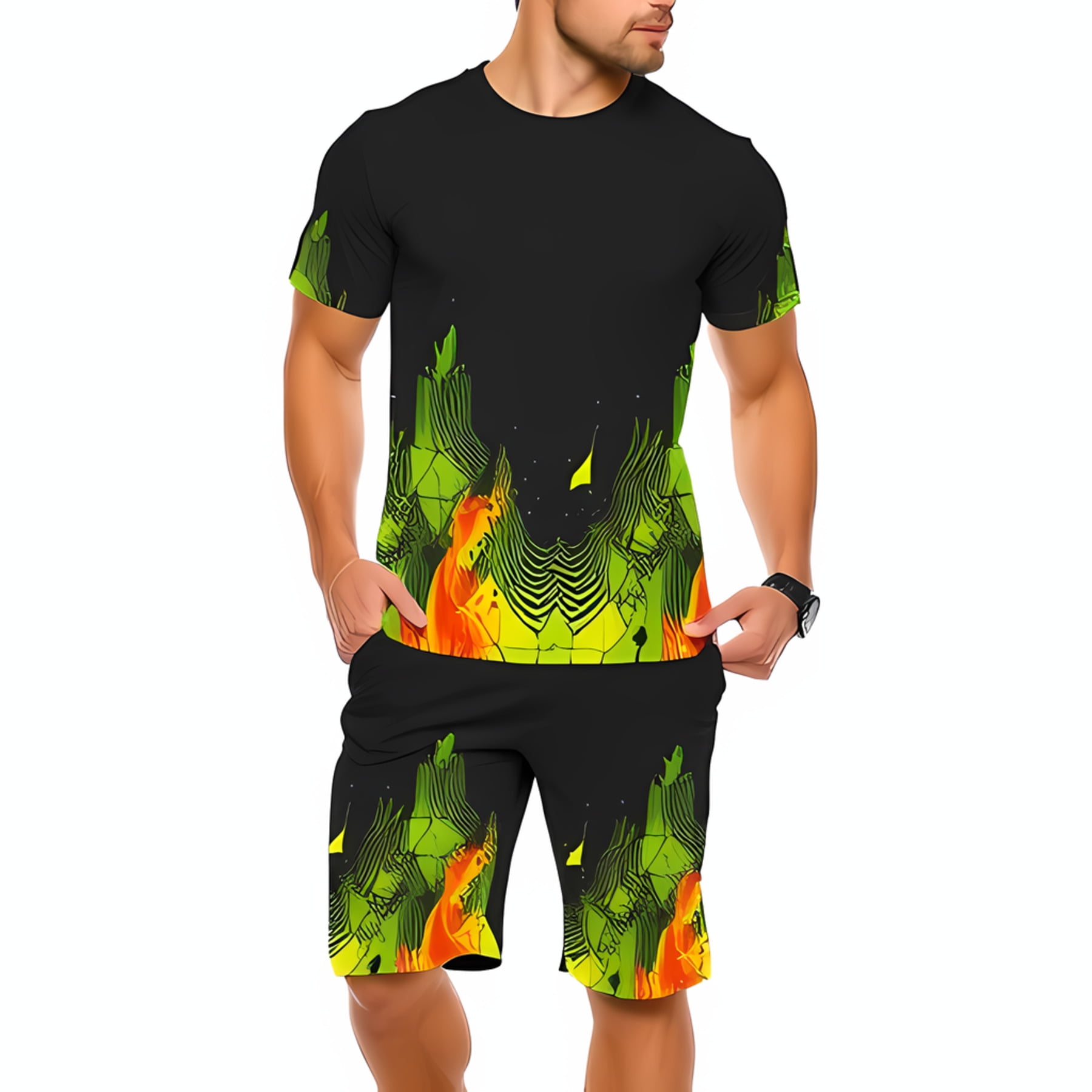 Vibrant Black Athletic T-Shirt & Shorts Set with Bold Green and Fiery ...