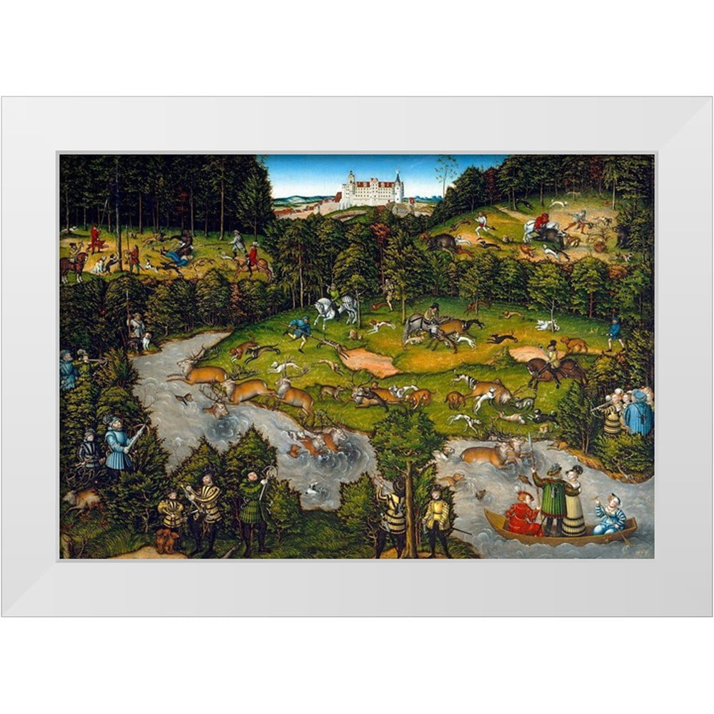Cranach, Lucas 32x23 White Modern Wood Framed Museum Art Print Titled - Hunting near Hartenfels ...