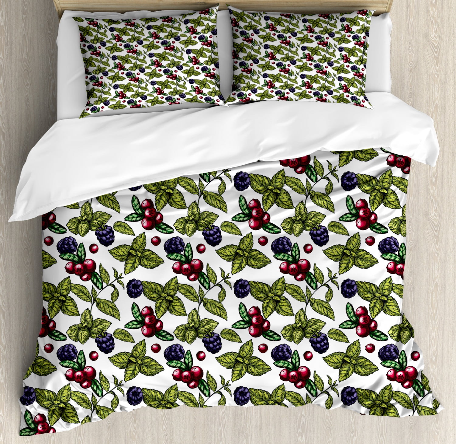 Cranberry Duvet Cover Set King Size, Berry Mint Leaf Herbs Blackberry ...
