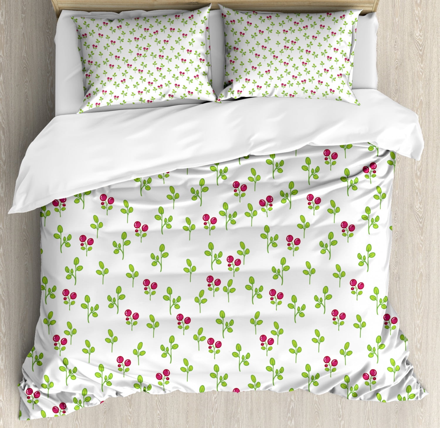 Cranberry Duvet Cover Set Queen Size, Botany Leaves with Fruits Field ...