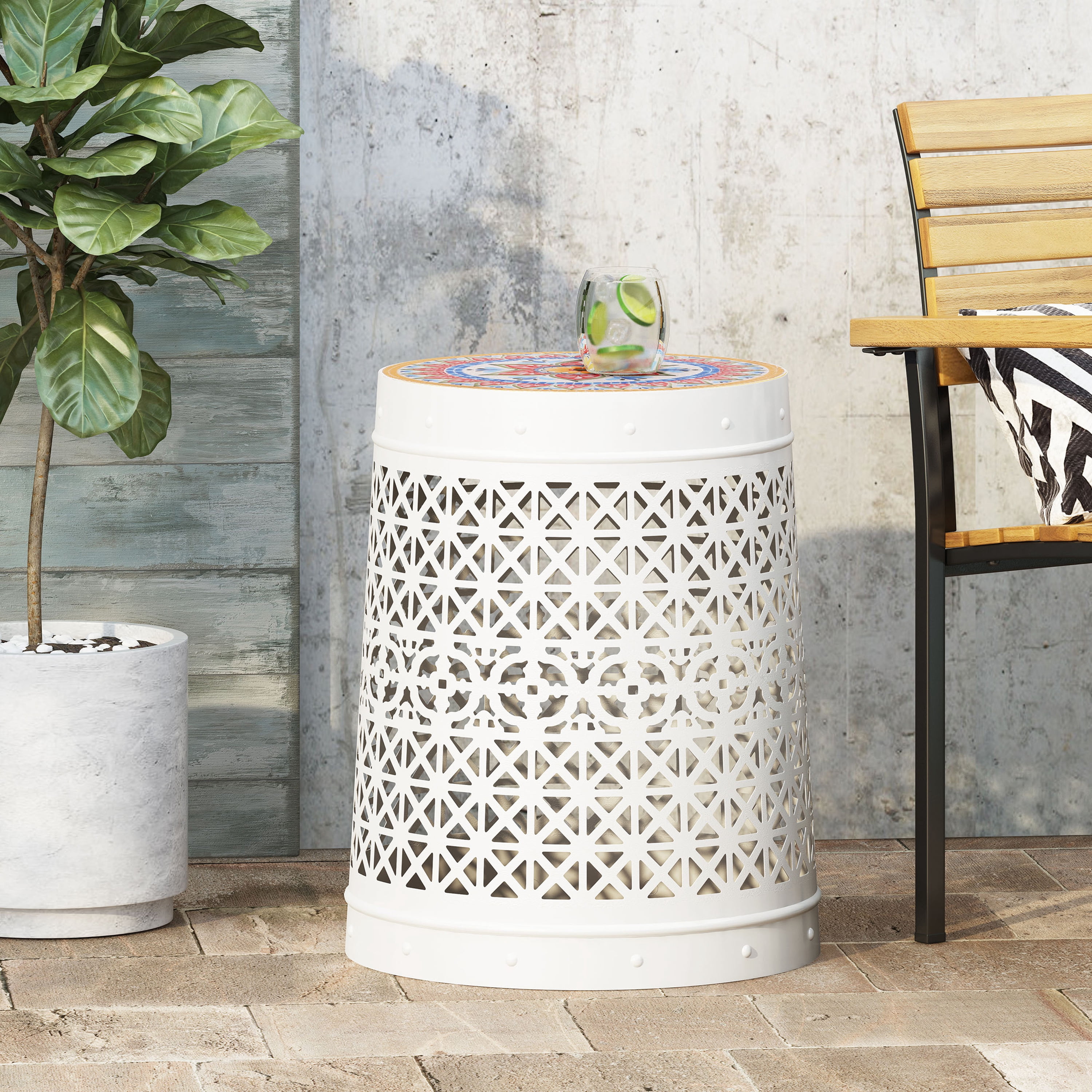 Cranbrook Side Table,White Ceramic Tile+Iron Garden Outdoor Patio ...