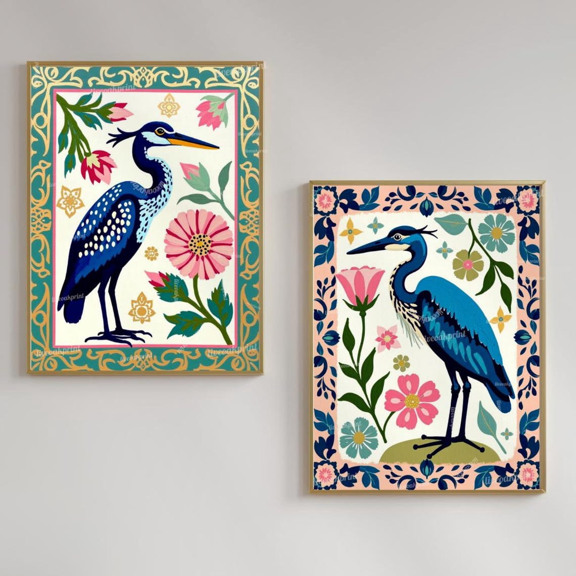 Crane And Heron Wall Art Set, Blue Bird Artwork For Boho Modern Japandi ...