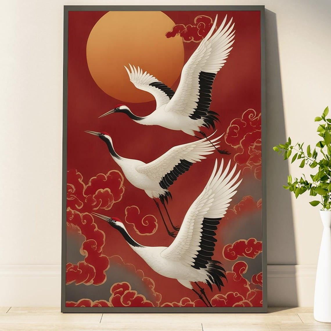 Crane Art Symbol Of Freedom And Peace Beautiful Scenery With Red Sun ...