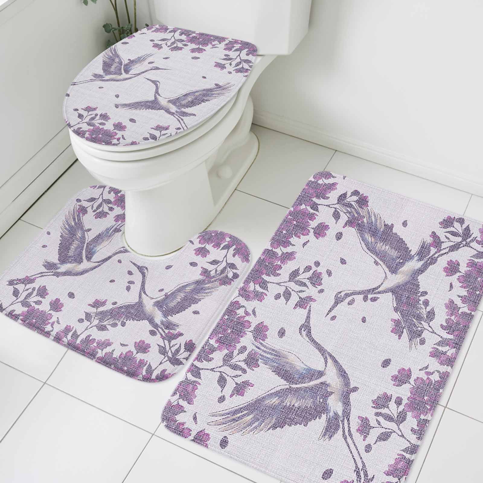 Crane Bathroom Rugs Set Japanese Crane Silhouette Floral Leaf Purple ...