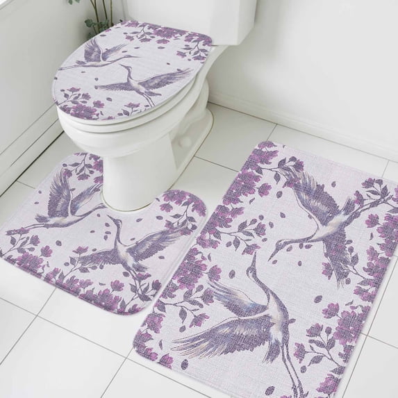 Crane Bathroom Rugs Set Japanese Crane Silhouette Floral Leaf Purple ...