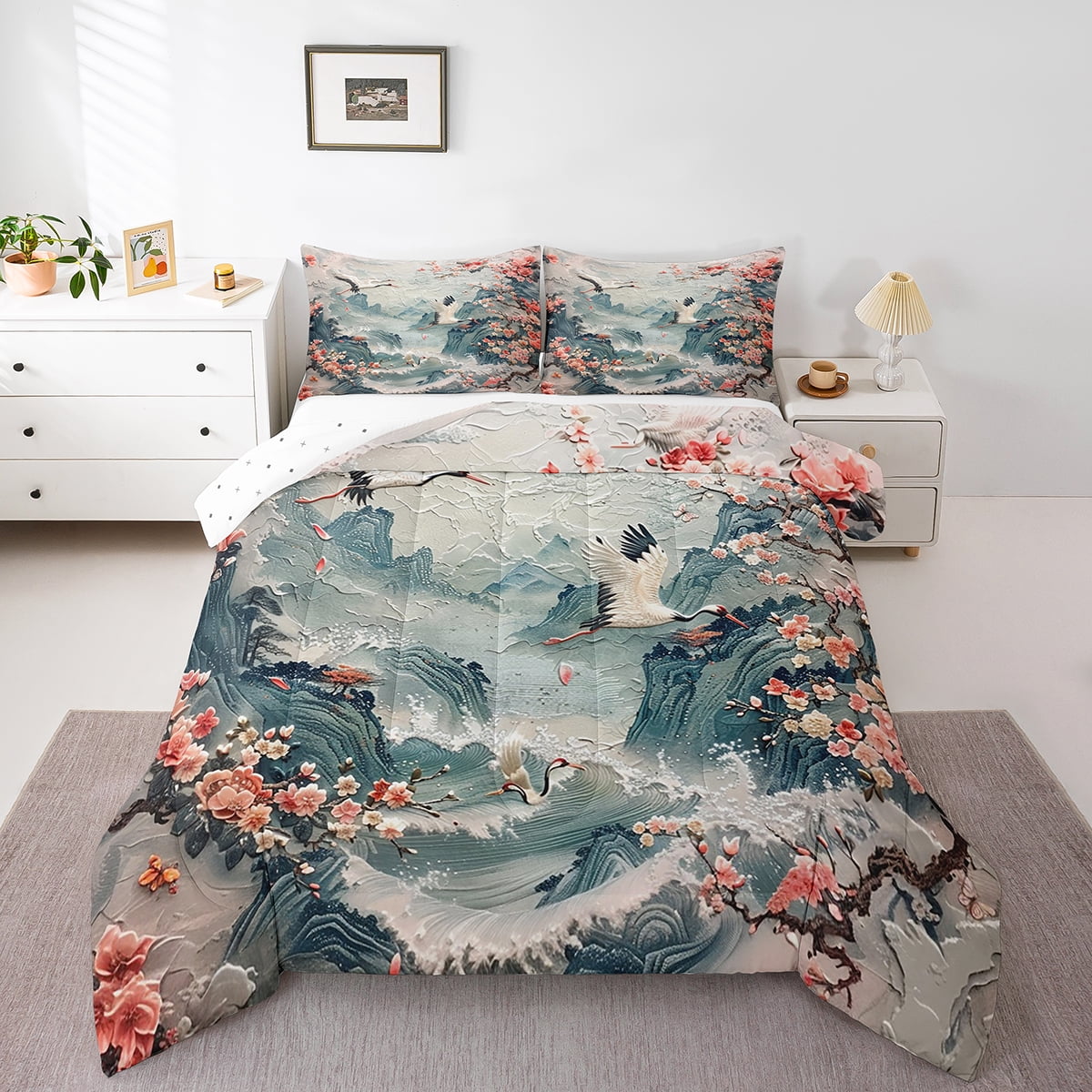 Crane Bird Bedding Comforter Sets Twin Mountain Cherry Blossom Bedding ...