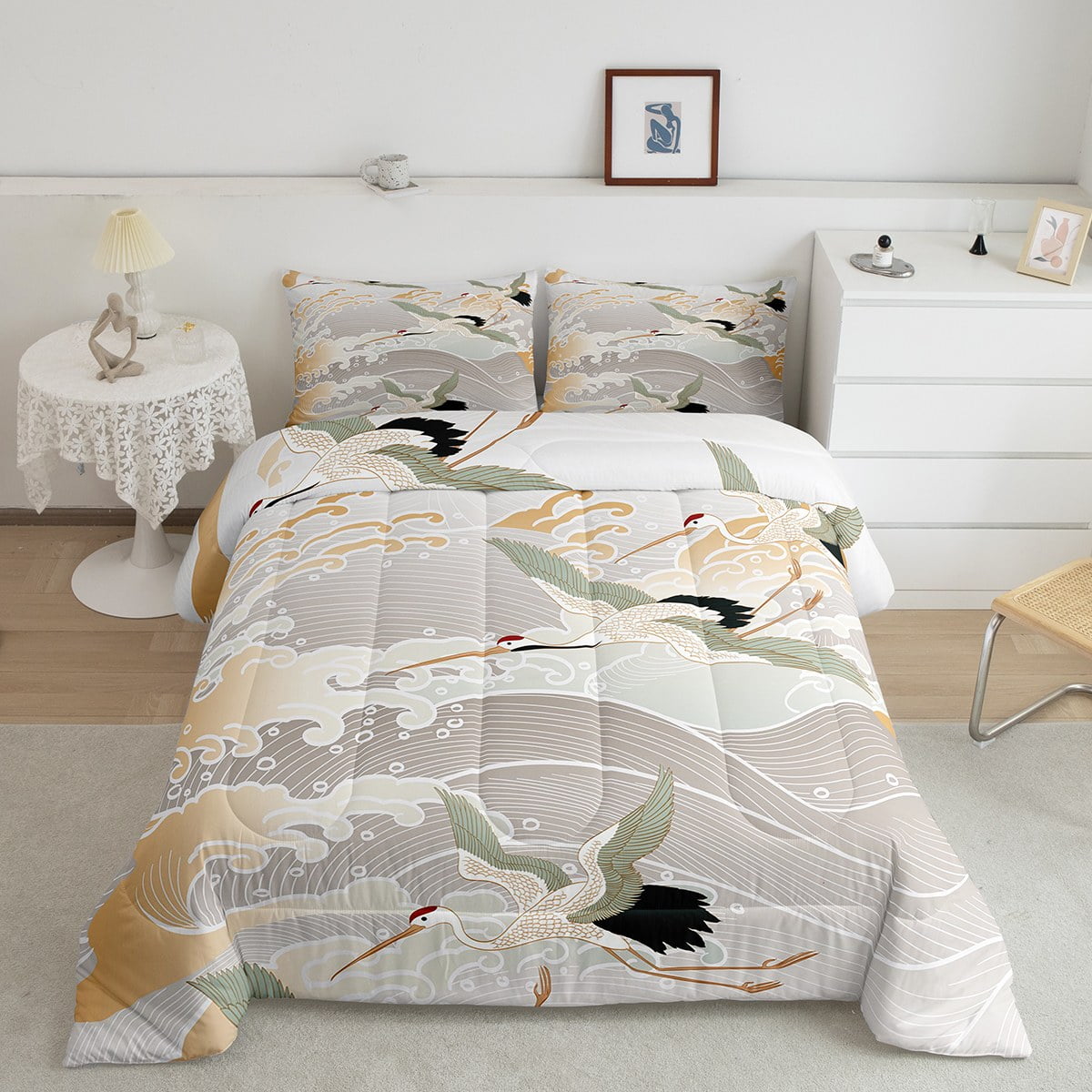 Crane Bird Bedding Set Twin Propitious Cloud Comforter Set, Grey Geometris Stripe Line Duvet ...
