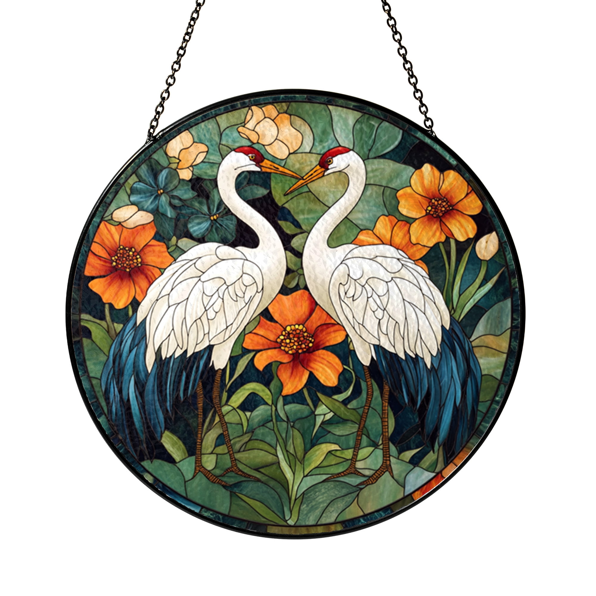 Crane Bird Floral Window Suncatcher – Orange Wildflower Round Glass ...