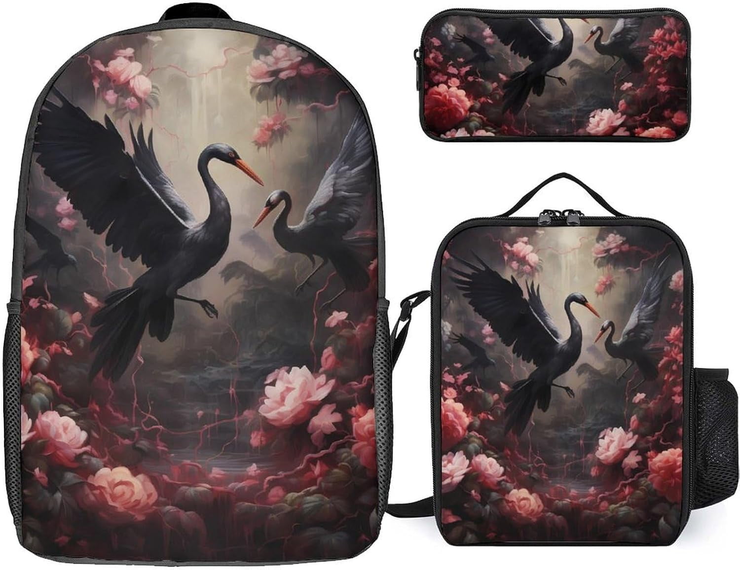 Crane Bird Print 3Pcs Backpack Set 17 Inch Laptop Backpack Travel ...