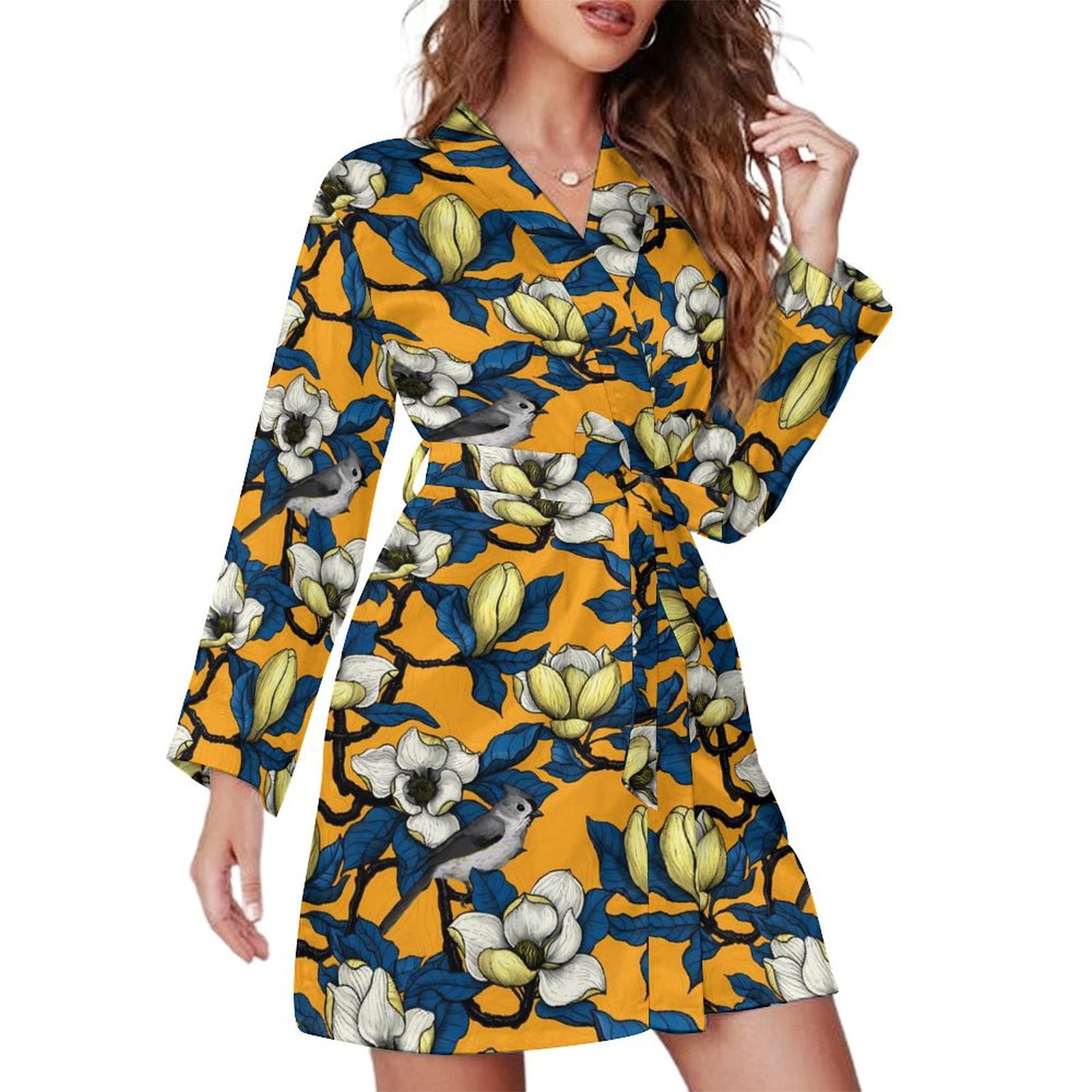 Crane Birds Flower Pajama Robe Blue Floral Print Long Sleeve Trendy ...