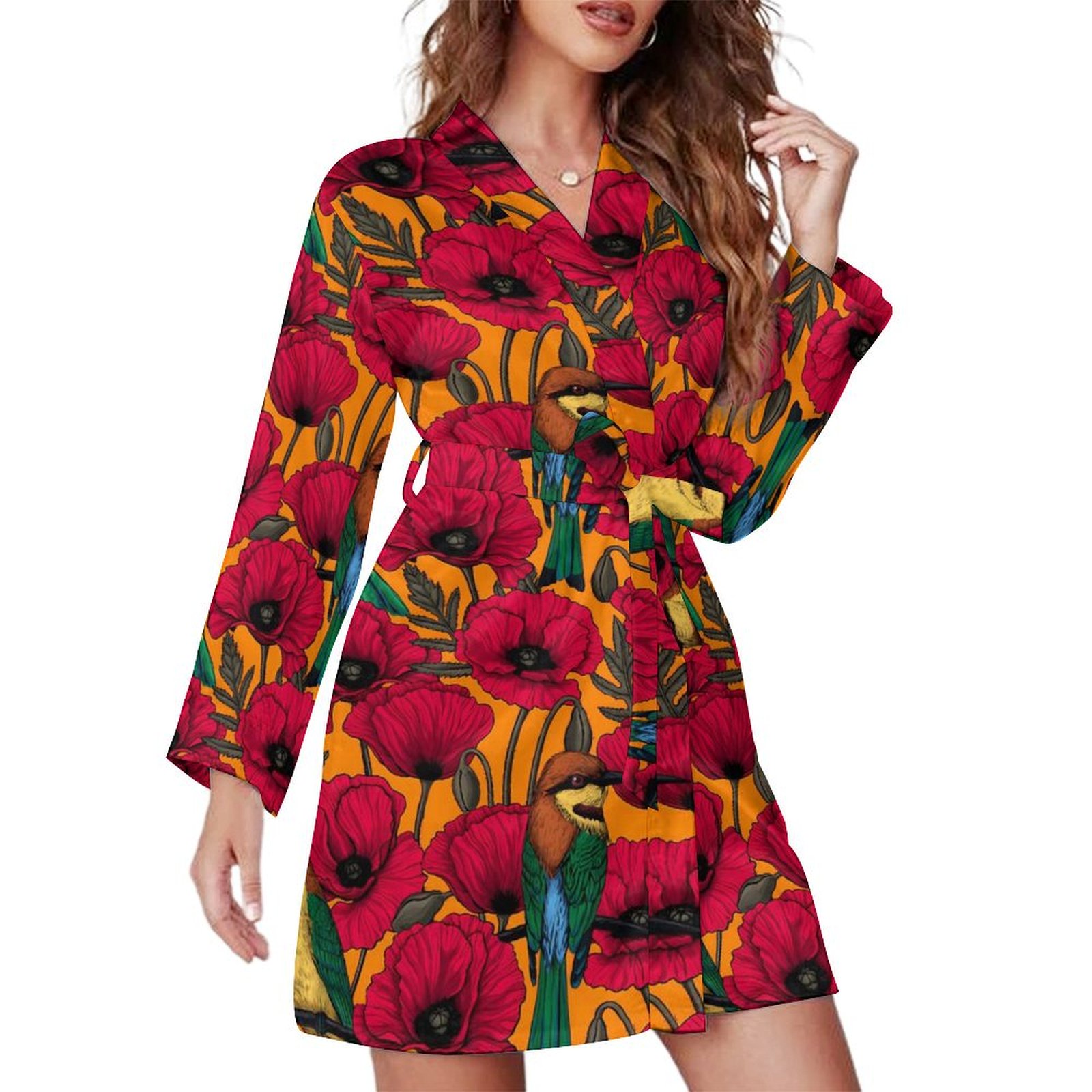 Crane Birds Flower Pajama Robe Blue Floral Print Long Sleeve Trendy ...