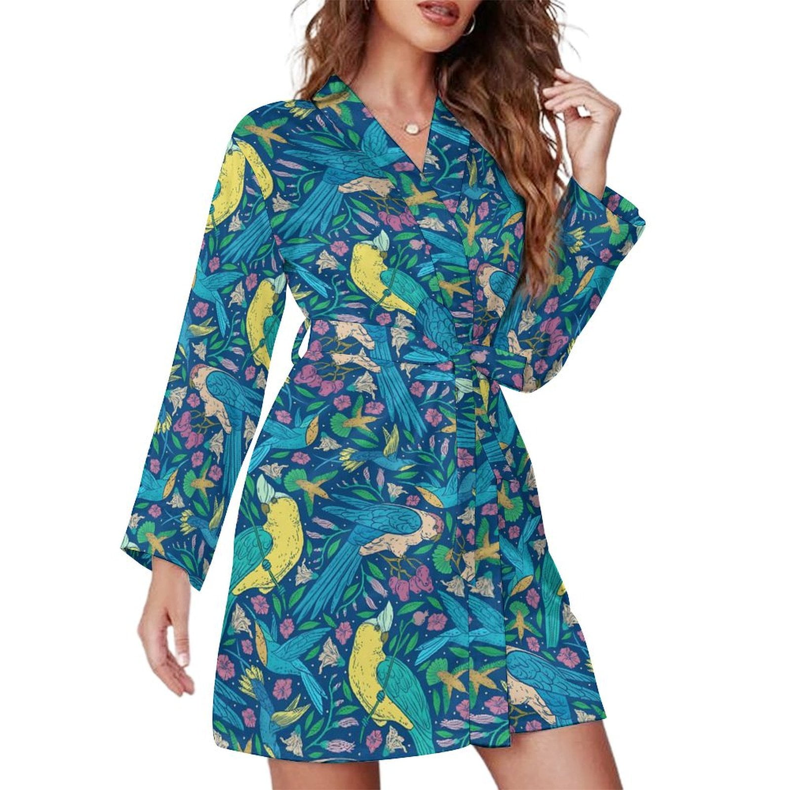 Crane Birds Flower Pajama Robe Blue Floral Print Long Sleeve Trendy ...