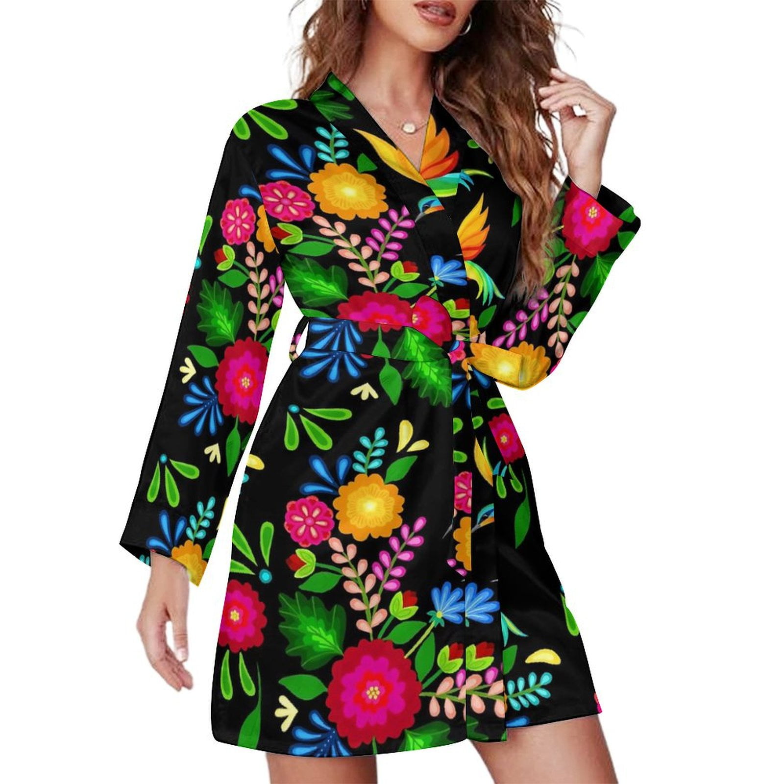 Crane Birds Flower Pajama Robe Blue Floral Print Long Sleeve Trendy ...