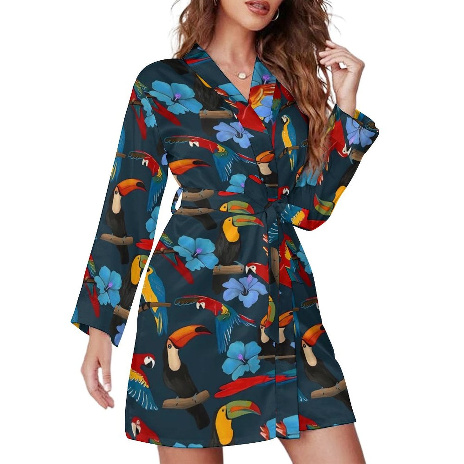 Crane Birds Flower Pajama Robe Blue Floral Print Long Sleeve Trendy ...