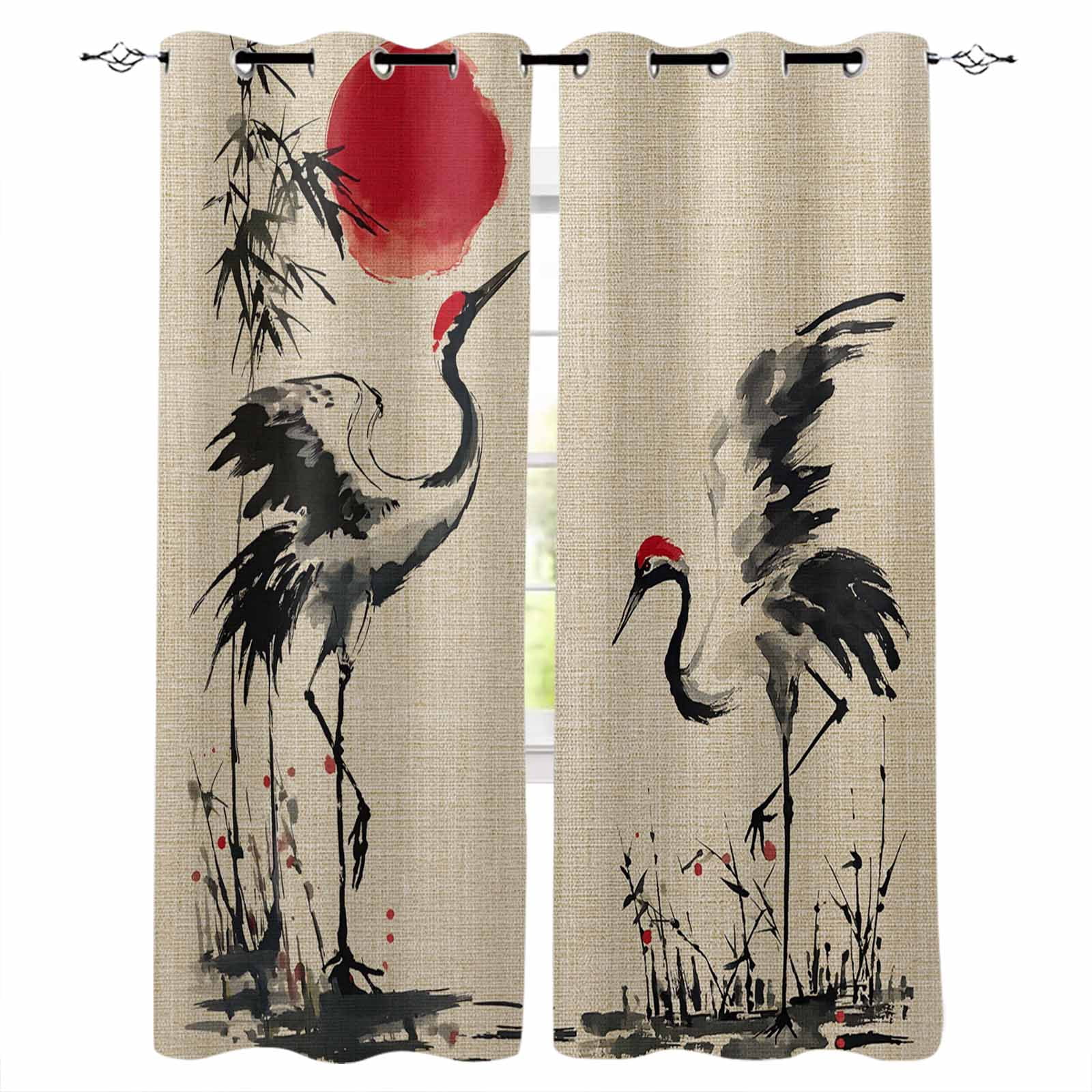 Crane Blackout Curtains 63 Inches Long, Black White Ink Wash Red Moon ...