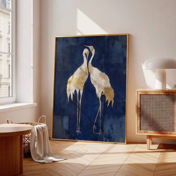 Crane Blue and Gold Bird Modern Japanese Style Elegant Decor for Living ...