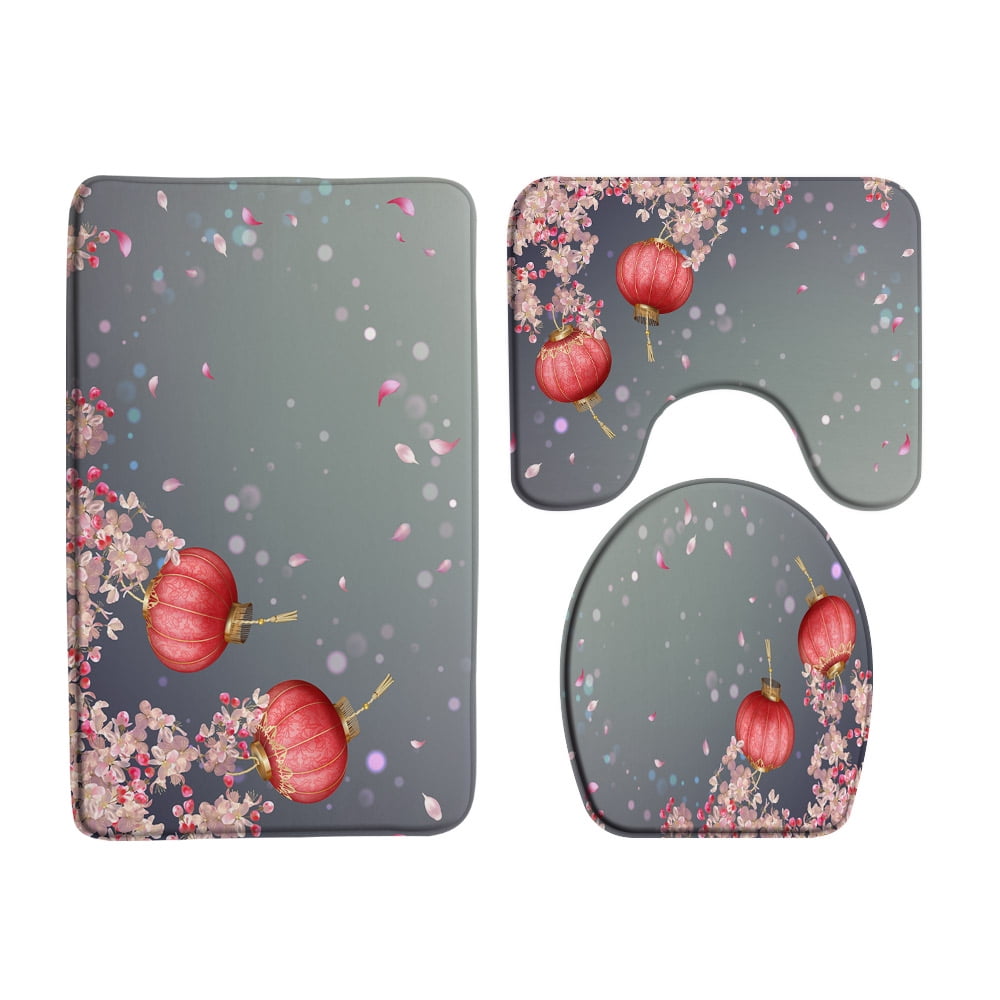 Crane Butterfly Bird 3pcs Bath Mat Set Pink Flower Branch Chinese Style ...