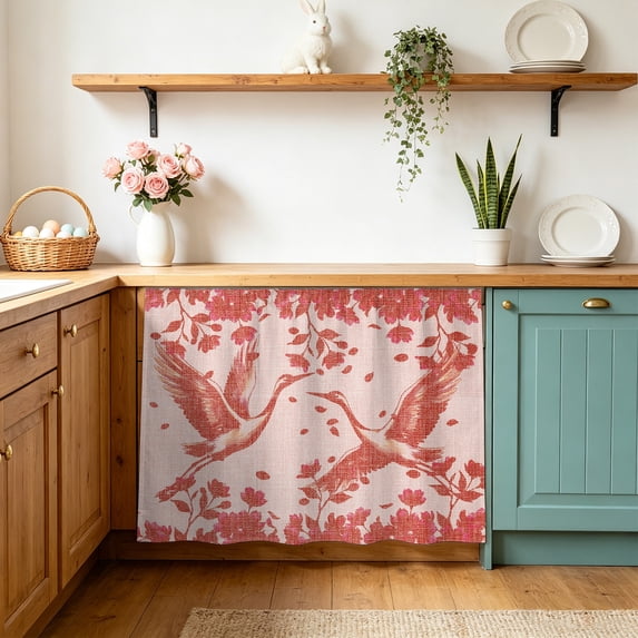 Crane Cabinet Curtains 10" W x 11" L Japanese Crane Silhouette Floral ...