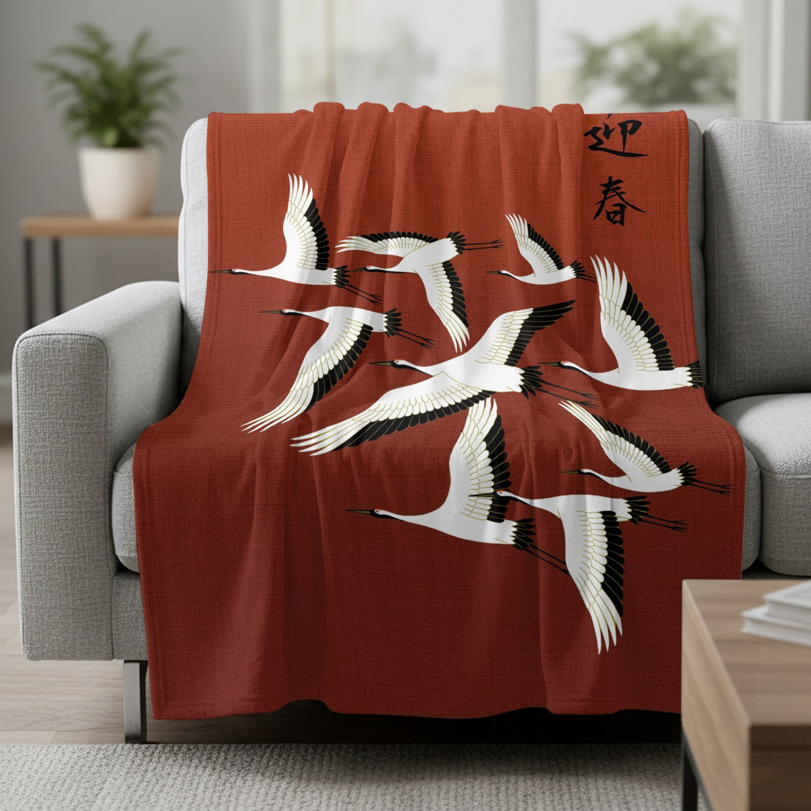 Crane Fleece Throw Blanket Japanese Style Spring Red Background Ultra ...