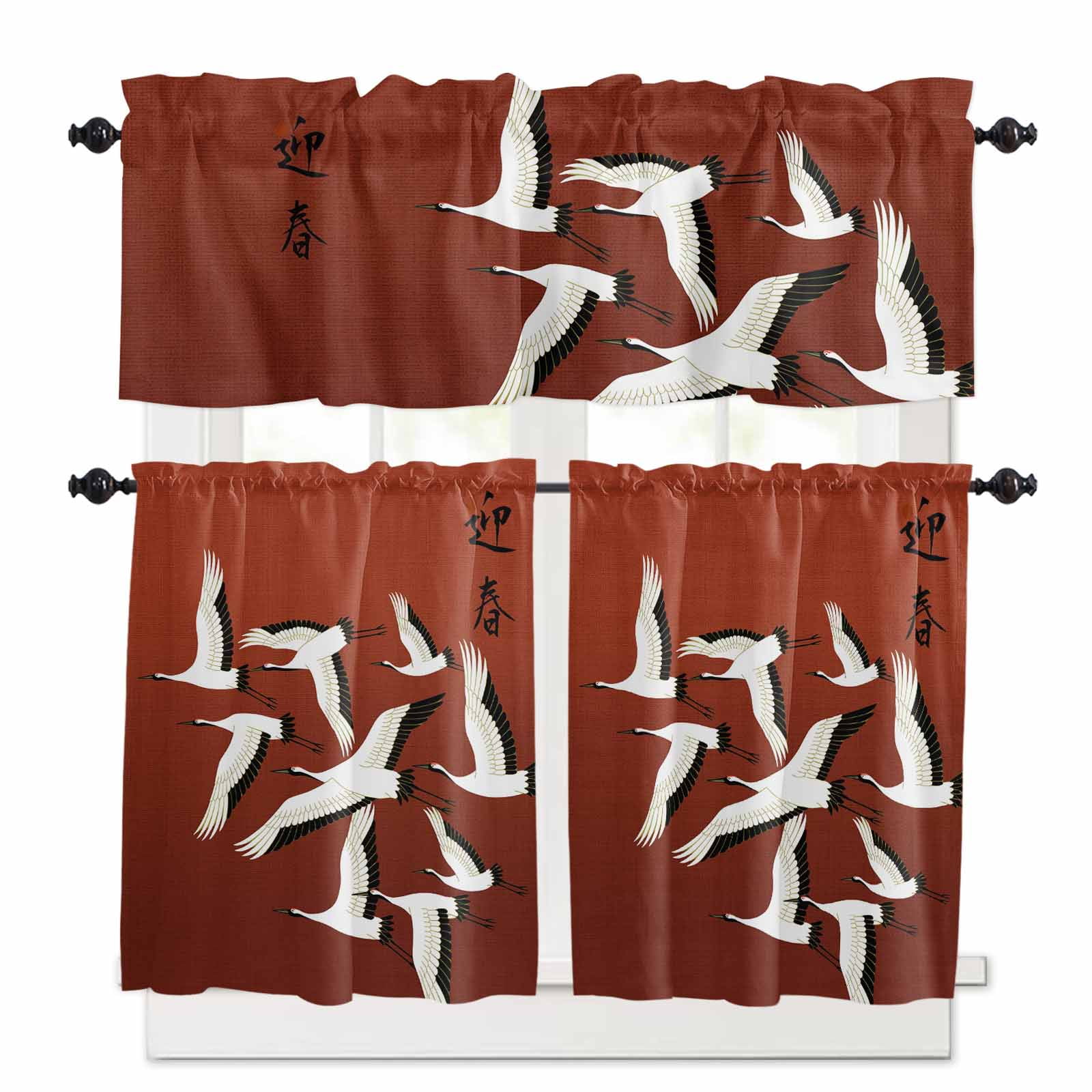 Crane Kitchen Curtains Valances and Tiers Japanese Style Spring Red ...