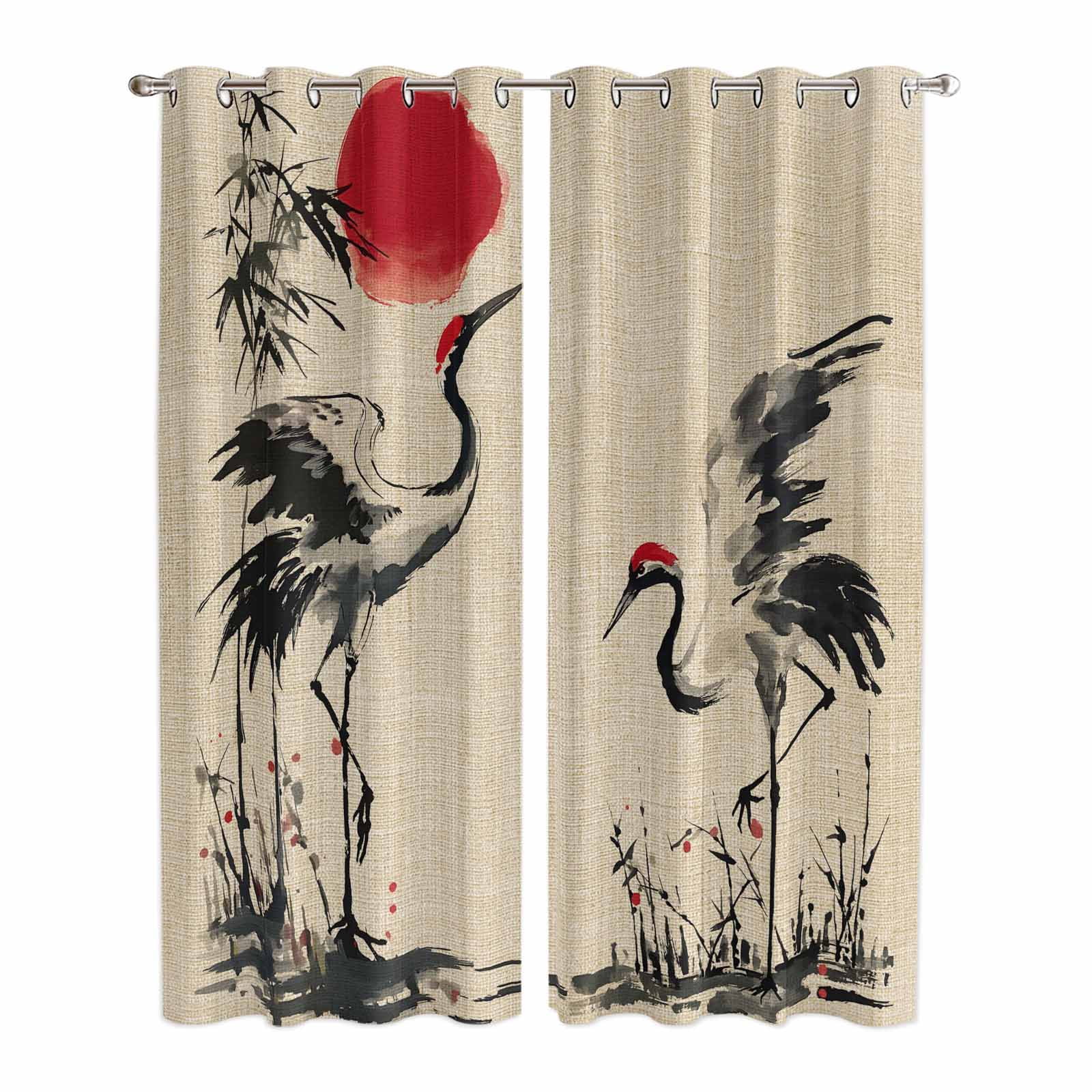 Crane Kitchen Curtains Window Panels, Black White Ink Wash Red Moon ...