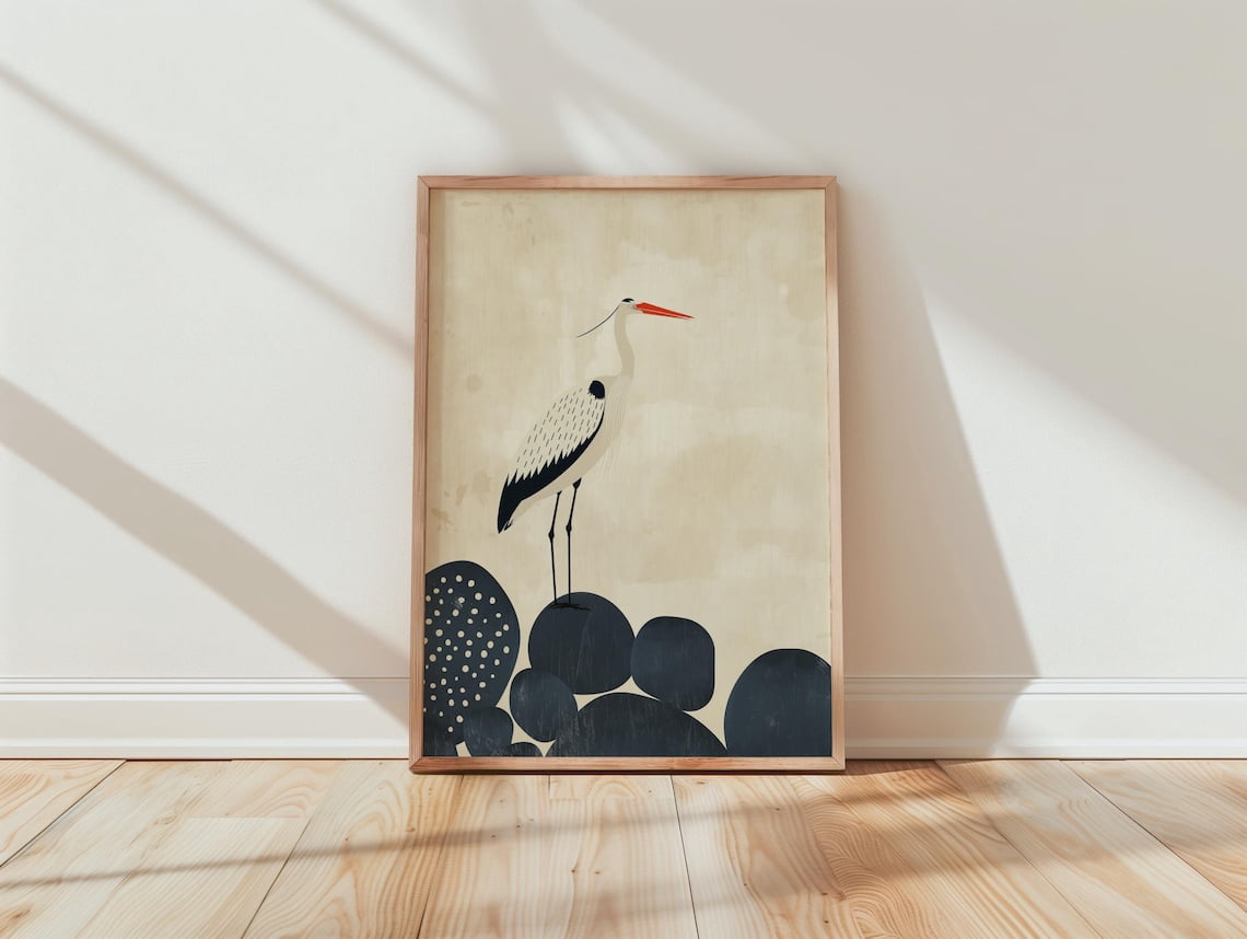 Crane Minimalist Bird Beige Black Nature Living Room Graphic Poster ...