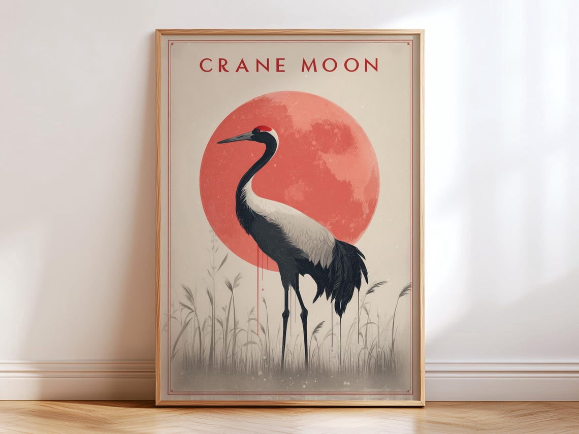 Crane Moon Minimal Ukiyo E Japanese Bird Poster Unframed Paper Print ...