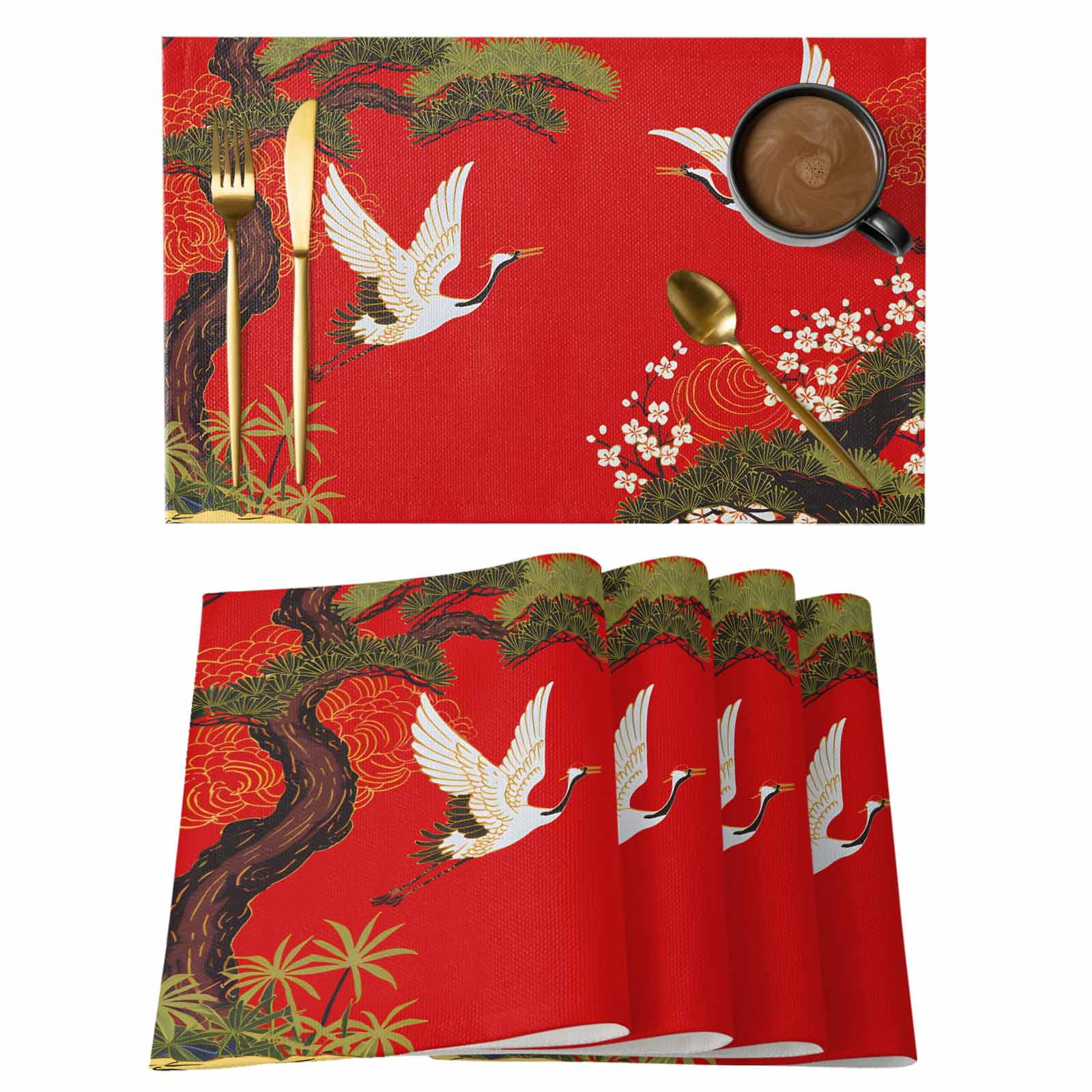 Crane Pine Cotton Linen Placemats Set of 12, Flower Retro Gold Red ...
