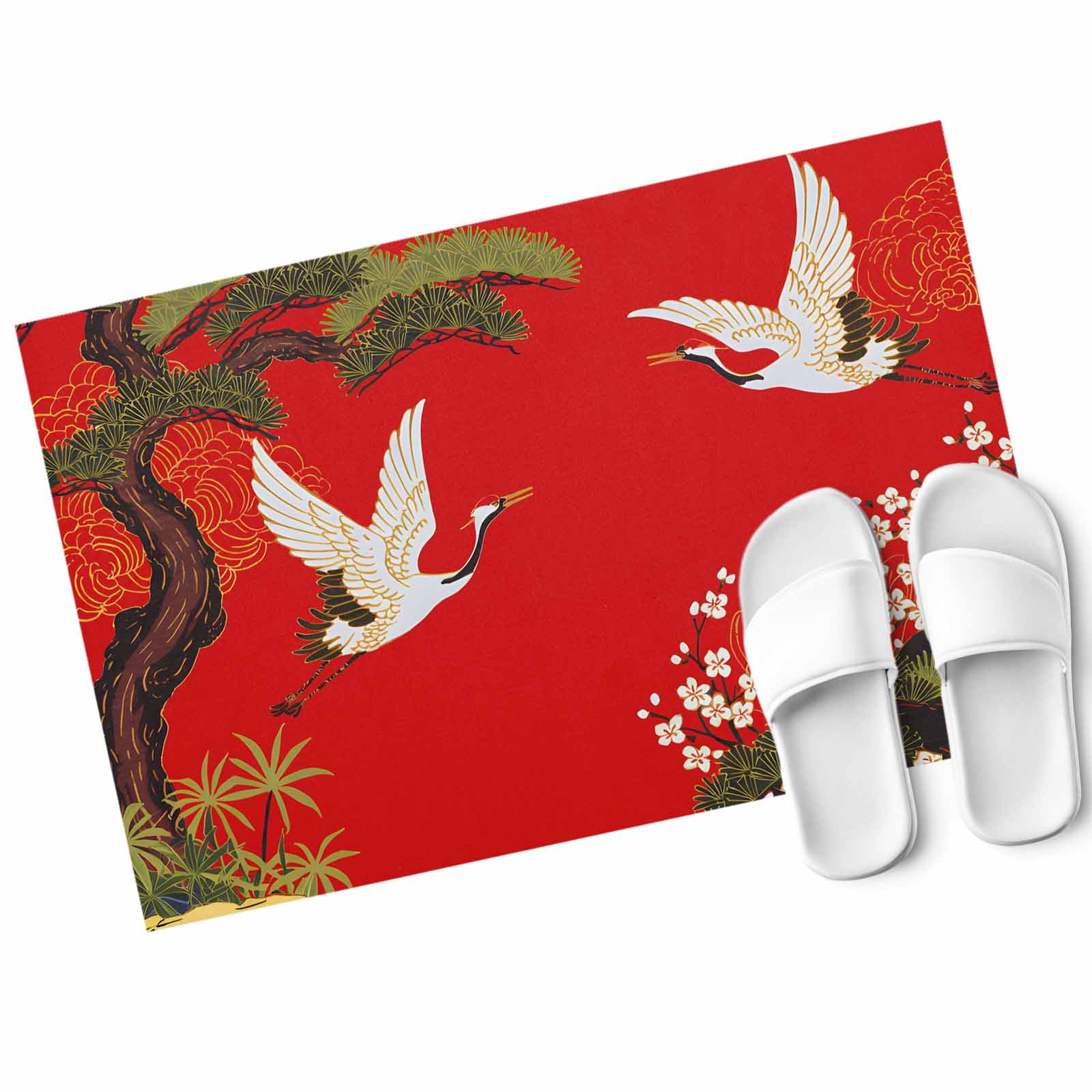 Crane Pine Door Mat Flower Retro Gold Red Theme Classic Art Non Slip ...