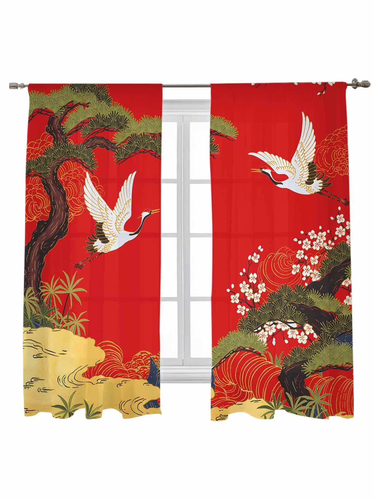 Crane Pine Sheer Curtains 2 Panels Set Flower Retro Gold Red Theme Classic Art Lihgt Filtering ...