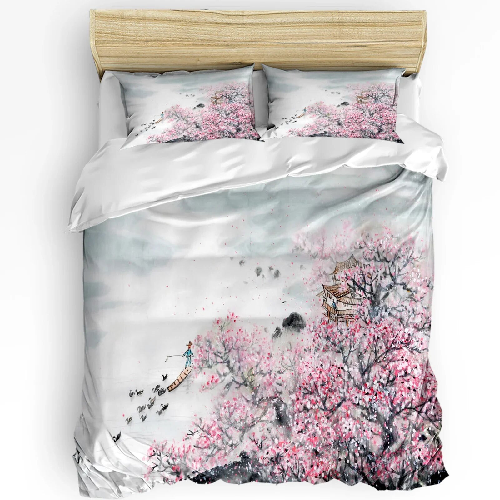 Crane Plum Tree Pavilion Ink Chinese Style 3pcs Bedding Set For Double ...