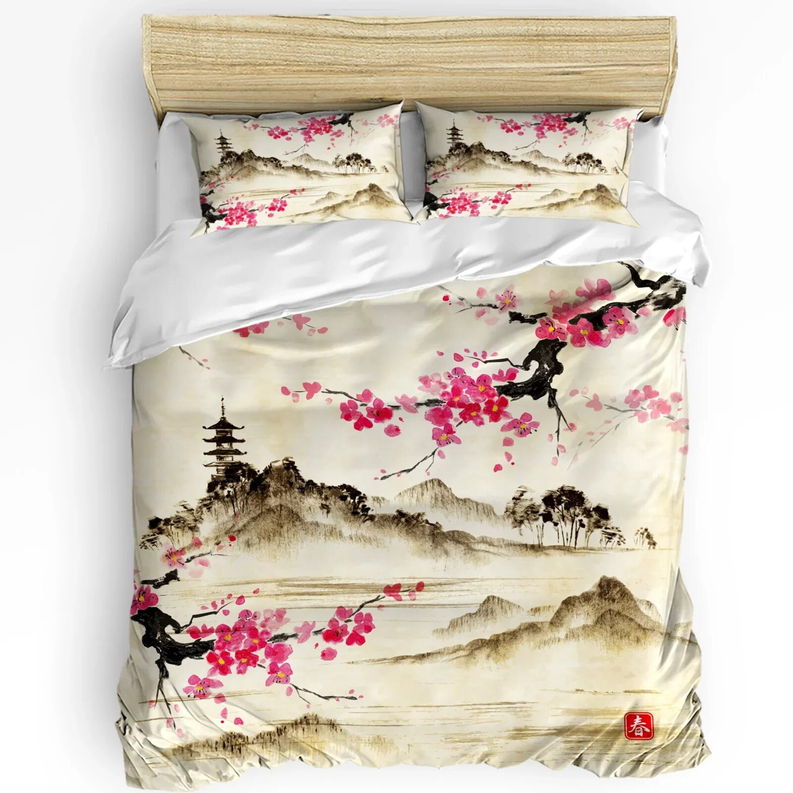 Crane Plum Tree Pavilion Ink Chinese Style 3pcs Bedding Set For Double ...