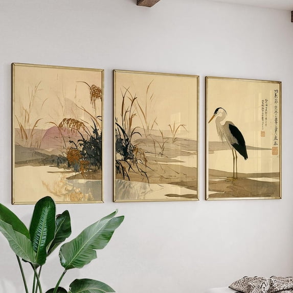 Crane Reed Pond Poster Asian Wall Art Set 3 Unframed Paper Print 16x24 ...
